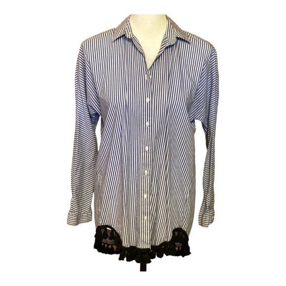 Zara | Tops | Zara Bluewhite Striped Button Down Blouse With Black Tassel Hem Detail | Poshmark